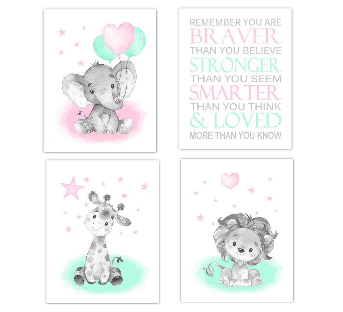 Baby Girl Nursery Art Elephant Giraffe Lion Safari Animals Wall Decor 4 UNFRAMED PRINTS