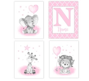 pink baby girl nursery art elephant giraffe lion safari animals wall decor 4 unframed prints