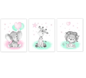 elephants baby girl nursery art safari animals giraffe lion wall decor 3 unframed prints