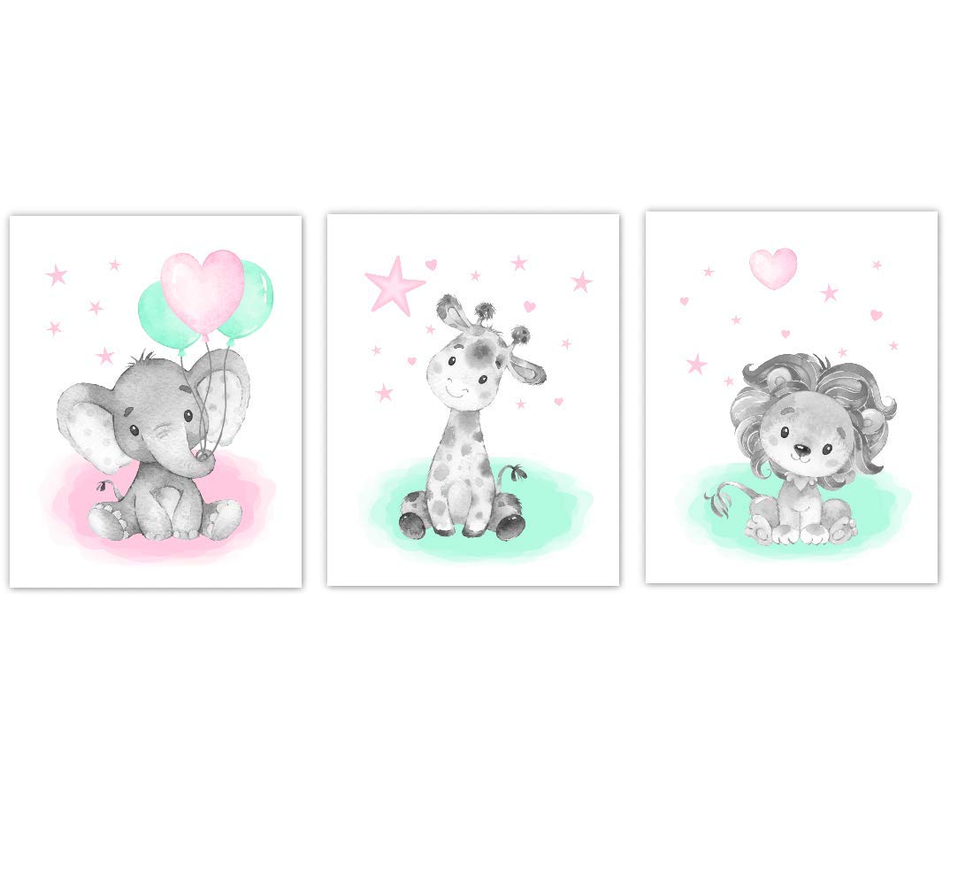 Elephants Baby Girl Nursery Art Safari Animals Giraffe Lion Wall Decor 3 UNFRAMED PRINTS