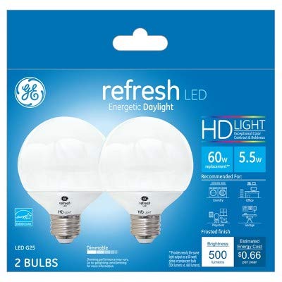 GE Lighting 258478 5.5 watt Ceiling G25 Shape LED White Bulb, Daylight Light - Pack of 2