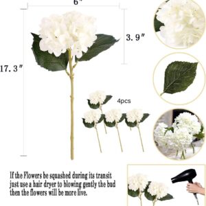 Jim's Cabin Pack of 4 Artificial Fake Flowers Plants Silk Hydrangea Arrangements Wedding Bouquets Decorations Plastic Floral Table Centerpieces Home Kitchen Garden Party Festival Bar(White)