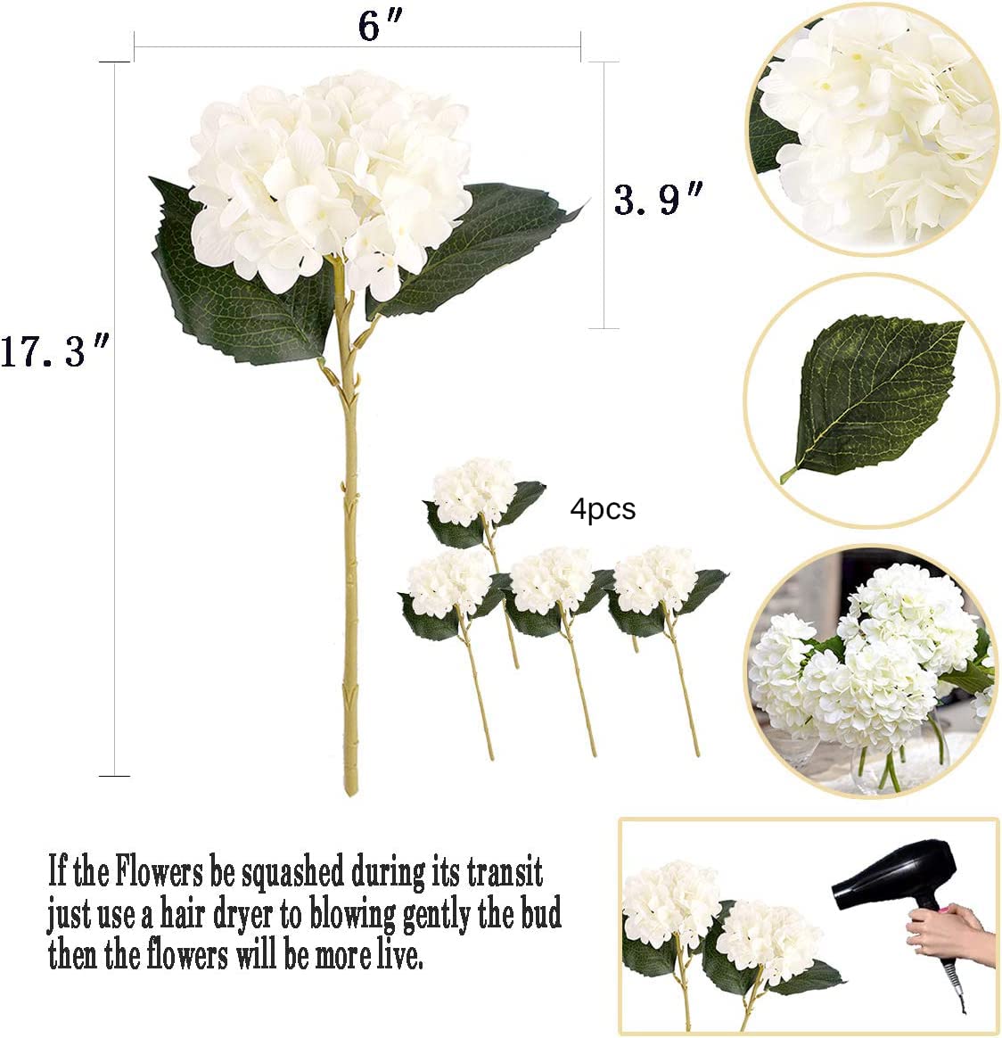 Jim's Cabin Pack of 4 Artificial Fake Flowers Plants Silk Hydrangea Arrangements Wedding Bouquets Decorations Plastic Floral Table Centerpieces Home Kitchen Garden Party Festival Bar(White)