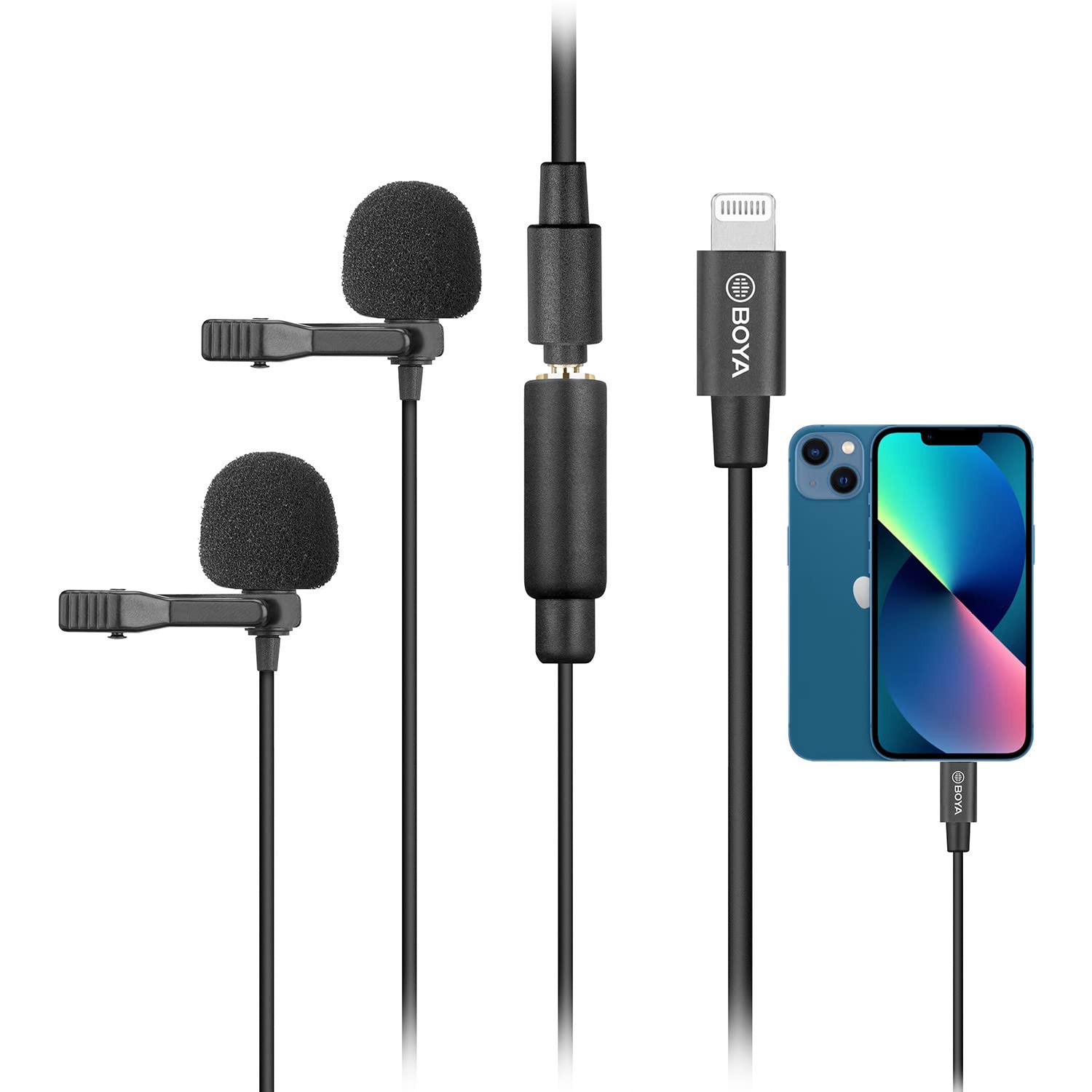 BOYA Dual Lavalier Lightning Microphone for iOS iPhone 11 Vlog, 20 ft/6m BY-M2D Dual-Head Lapel Universal Mic with Lightning Plug Adapter for iPhone 11 10 X 8 7 MAC YouTube Video Facebook Live