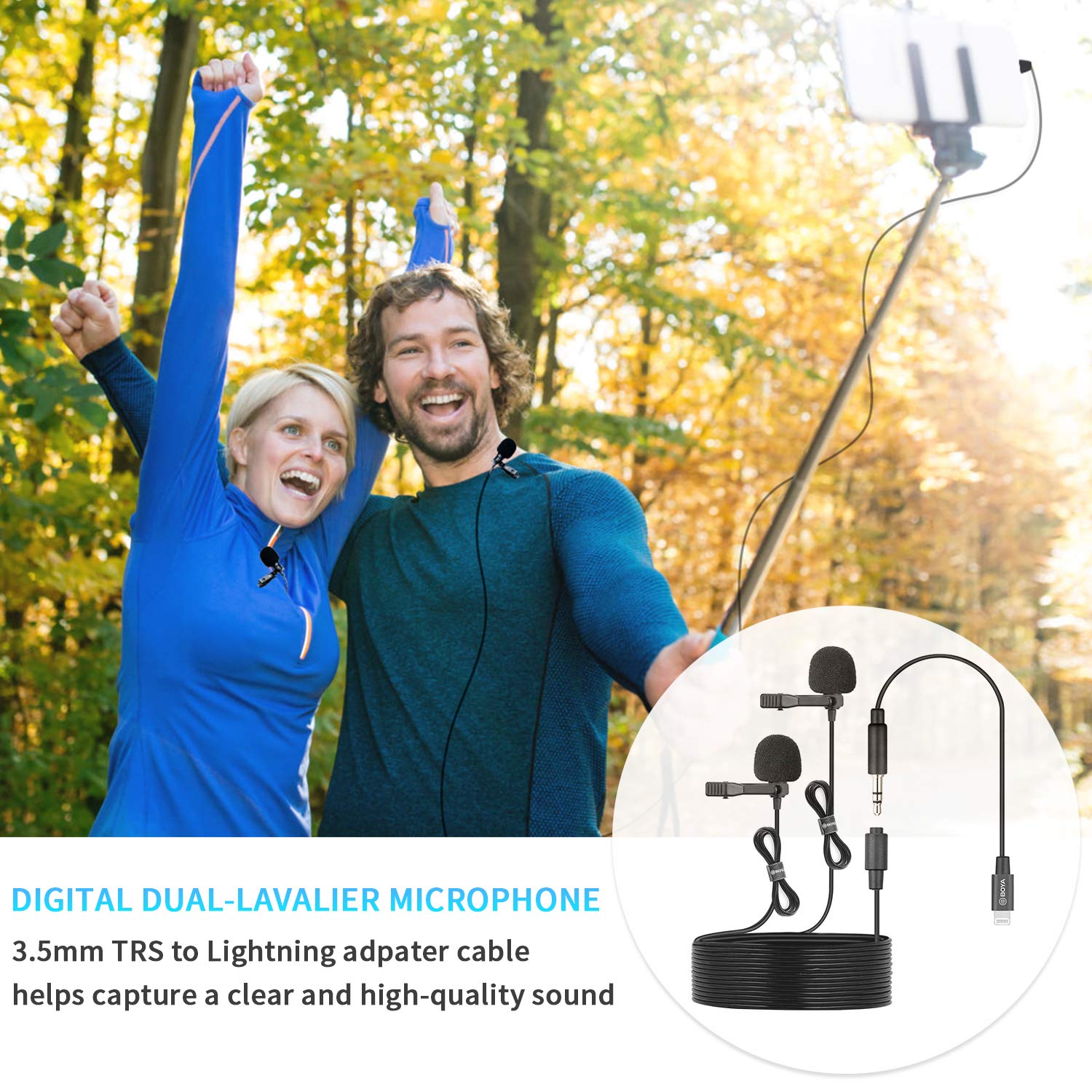 BOYA Dual Lavalier Lightning Microphone for iOS iPhone 11 Vlog, 20 ft/6m BY-M2D Dual-Head Lapel Universal Mic with Lightning Plug Adapter for iPhone 11 10 X 8 7 MAC YouTube Video Facebook Live