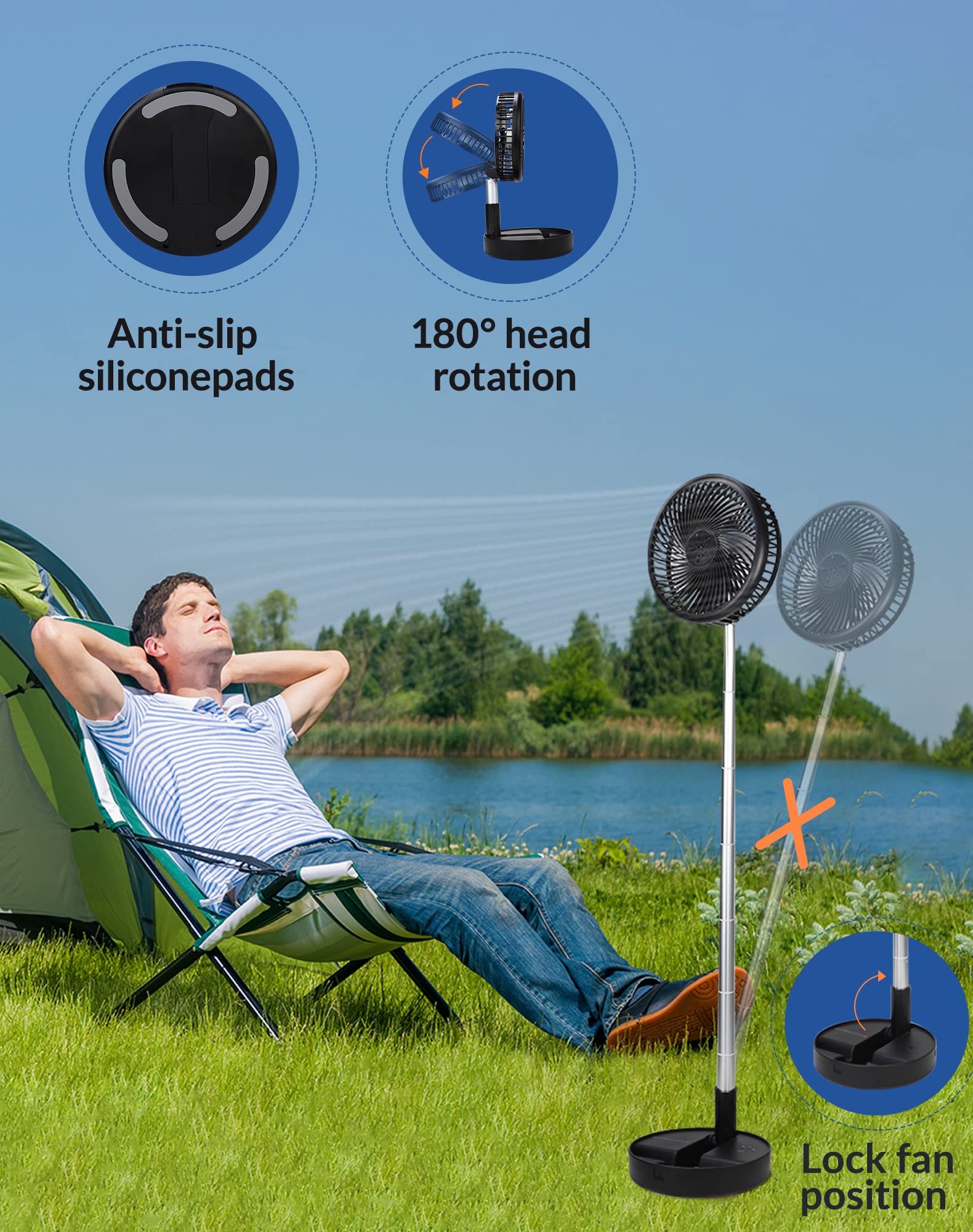 Primevolve Battery Operated Portable Standing Fan, Rechargeable USB Personal Floor Fan with Adjustable Height Black