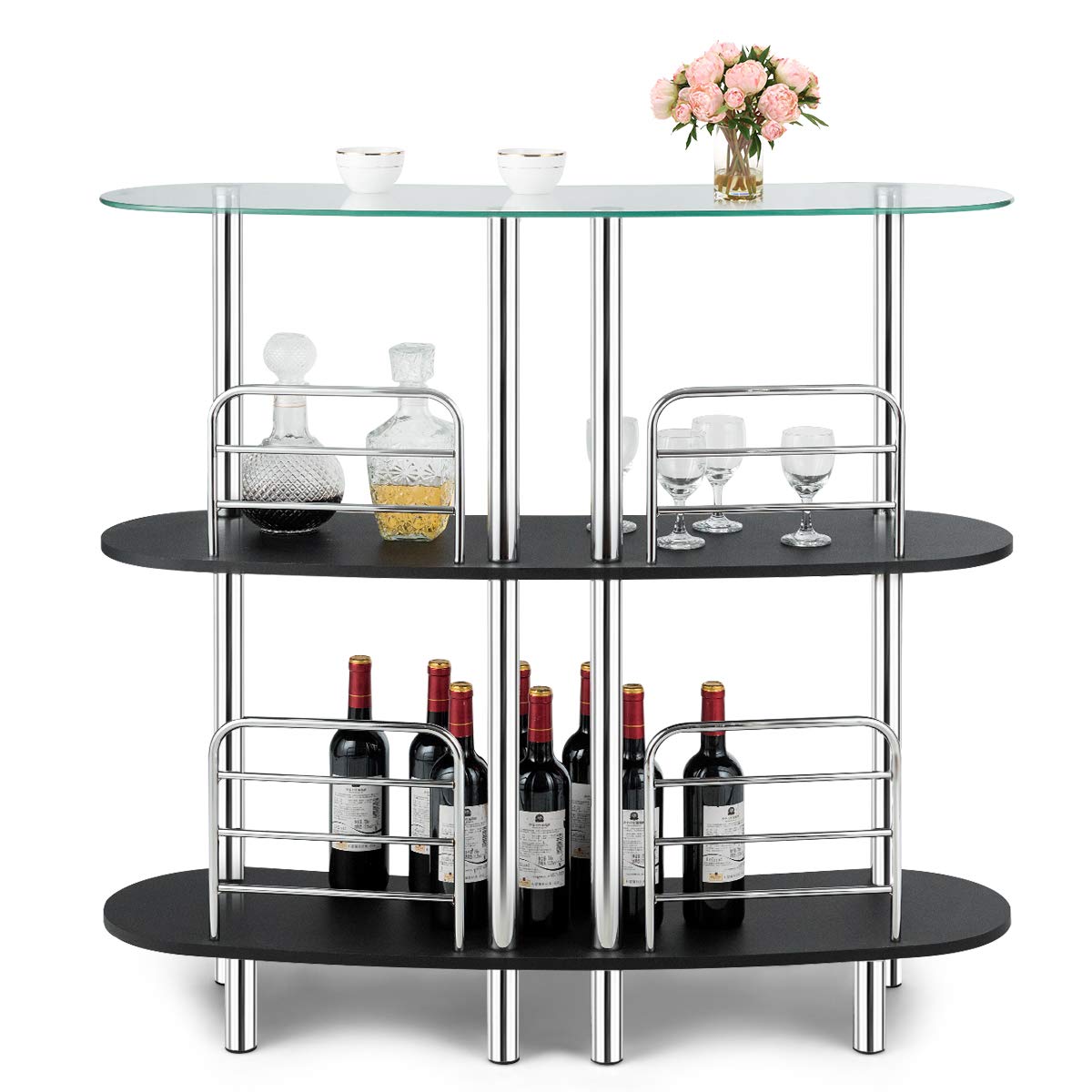 COSTWAY 3-Tier Glass Liquor Bar Cabinets, Wine Bar Storage with Tempered Glass Counter Top and Metal Frame, Bar Unit with 2 Shelves, Bar Organize Ideal for Living Room/Home/Kitchen/Bar/Pub