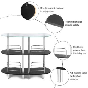 COSTWAY 3-Tier Glass Liquor Bar Cabinets, Wine Bar Storage with Tempered Glass Counter Top and Metal Frame, Bar Unit with 2 Shelves, Bar Organize Ideal for Living Room/Home/Kitchen/Bar/Pub