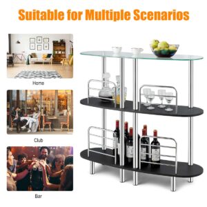 COSTWAY 3-Tier Glass Liquor Bar Cabinets, Wine Bar Storage with Tempered Glass Counter Top and Metal Frame, Bar Unit with 2 Shelves, Bar Organize Ideal for Living Room/Home/Kitchen/Bar/Pub