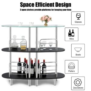 COSTWAY 3-Tier Glass Liquor Bar Cabinets, Wine Bar Storage with Tempered Glass Counter Top and Metal Frame, Bar Unit with 2 Shelves, Bar Organize Ideal for Living Room/Home/Kitchen/Bar/Pub