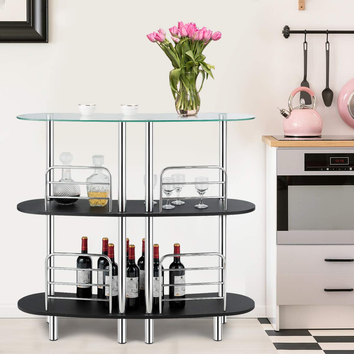 COSTWAY 3-Tier Glass Liquor Bar Cabinets, Wine Bar Storage with Tempered Glass Counter Top and Metal Frame, Bar Unit with 2 Shelves, Bar Organize Ideal for Living Room/Home/Kitchen/Bar/Pub