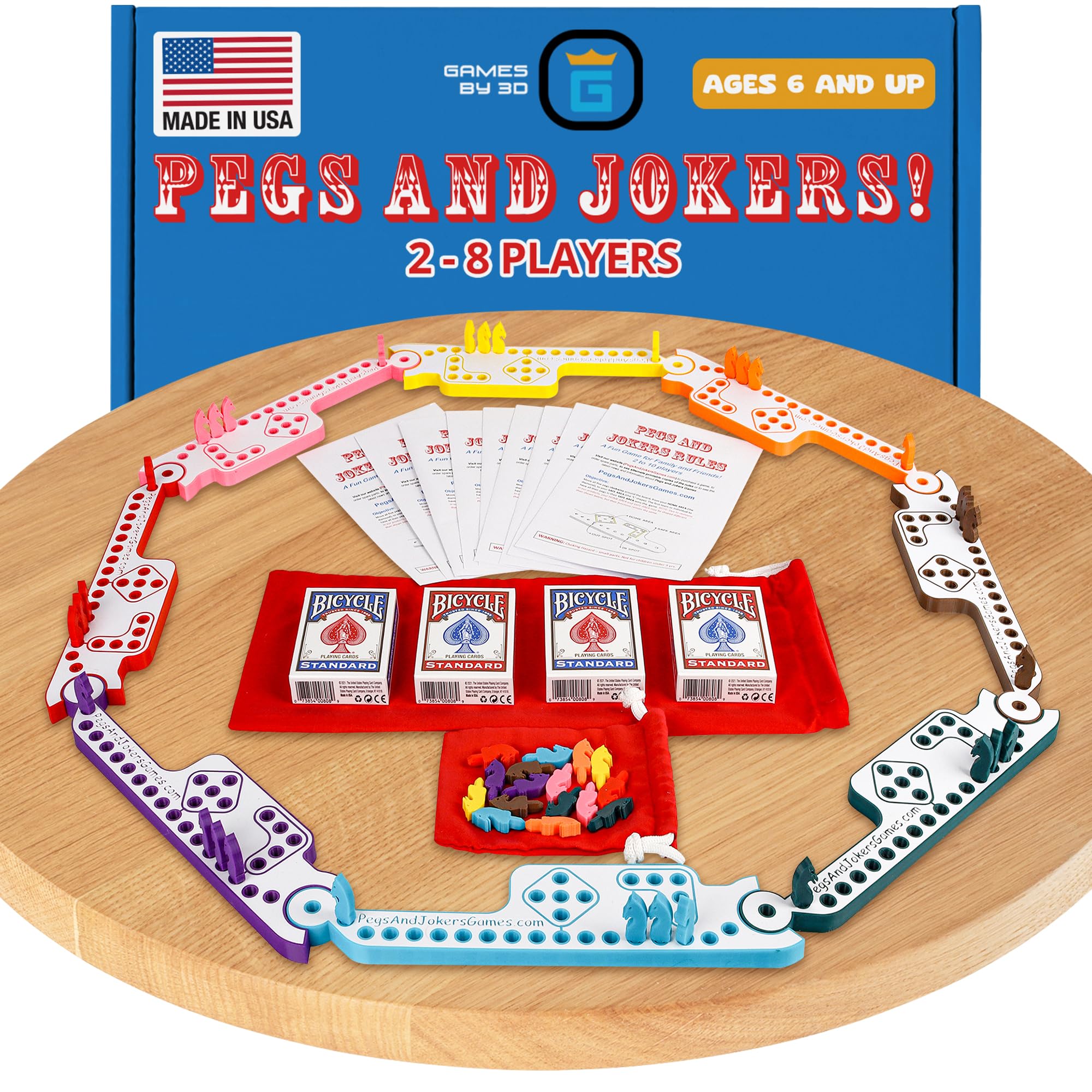 Games by 3D Pegs and Jokers Board Game - Strategic, Fun, Engaging, and Portable - Play with Family and Friends - Easy to Learn - Travel-Friendly - with Horse-Head Peg and Deck of Cards - 2-8 Players