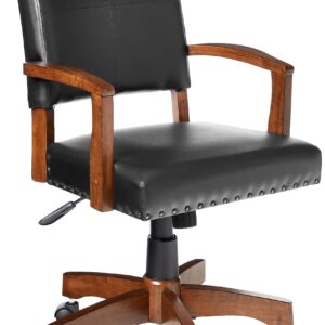 OSP Home Furnishings Deluxe Wood Banker's Chair with Antique Bronze Nailheads and Medium Brown Wood, Black Faux Leather