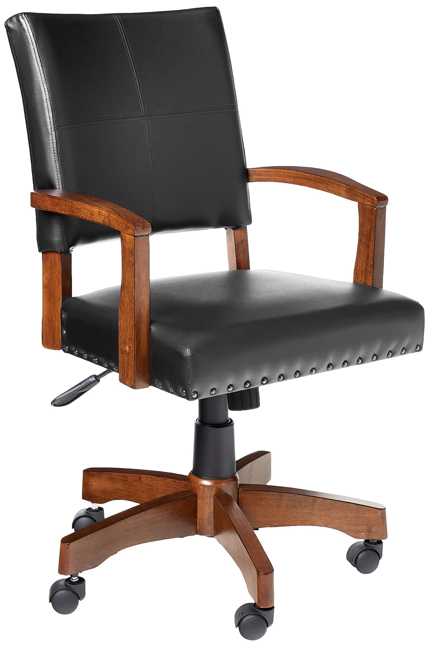 OSP Home Furnishings Deluxe Wood Banker's Chair with Antique Bronze Nailheads and Medium Brown Wood, Black Faux Leather