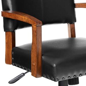 OSP Home Furnishings Deluxe Wood Banker's Chair with Antique Bronze Nailheads and Medium Brown Wood, Black Faux Leather