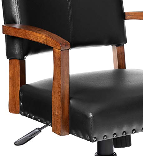 OSP Home Furnishings Deluxe Wood Banker's Chair with Antique Bronze Nailheads and Medium Brown Wood, Black Faux Leather