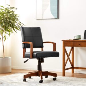 OSP Home Furnishings Deluxe Wood Banker's Chair with Antique Bronze Nailheads and Medium Brown Wood, Black Faux Leather