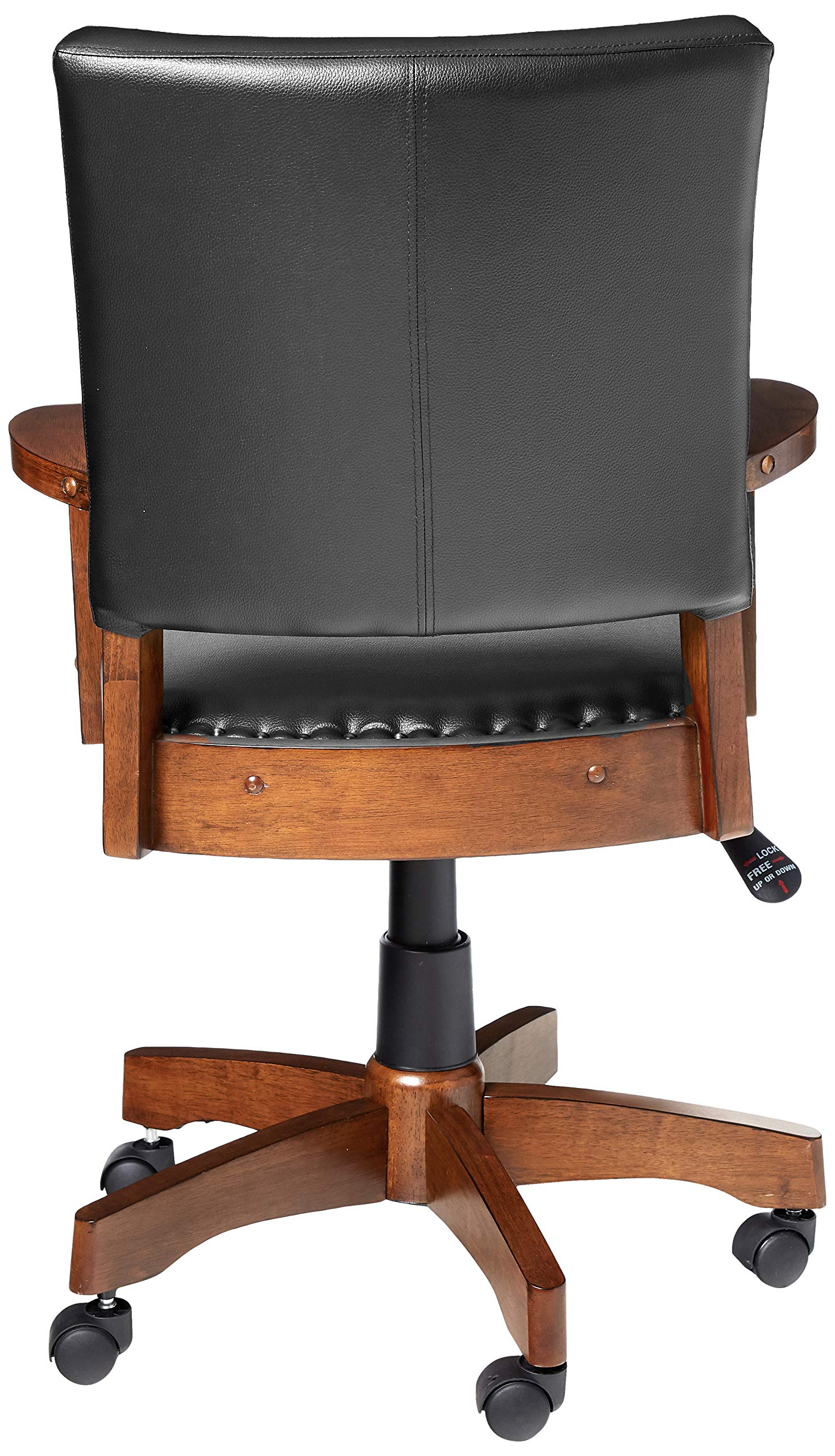 OSP Home Furnishings Deluxe Wood Banker's Chair with Antique Bronze Nailheads and Medium Brown Wood, Black Faux Leather