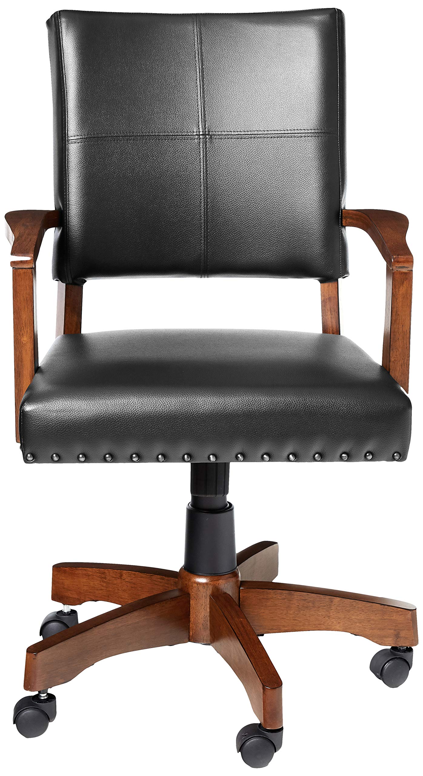 OSP Home Furnishings Deluxe Wood Banker's Chair with Antique Bronze Nailheads and Medium Brown Wood, Black Faux Leather