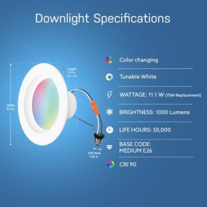 Feit Electric Smart Recessed Light, Fits Most 5-6" Can Housing, Works with Alexa or Google Assistant, Dimmable, 75W Equiv, 1000 Lumens, 2.4GHz WiFi Color Changing Downlight, LEDR6/RGBW/AG, 1 Pack