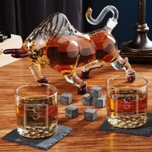 El Matador Bull Whiskey Decanter Set With Custom Buckman Glasses (Personalized Gift)