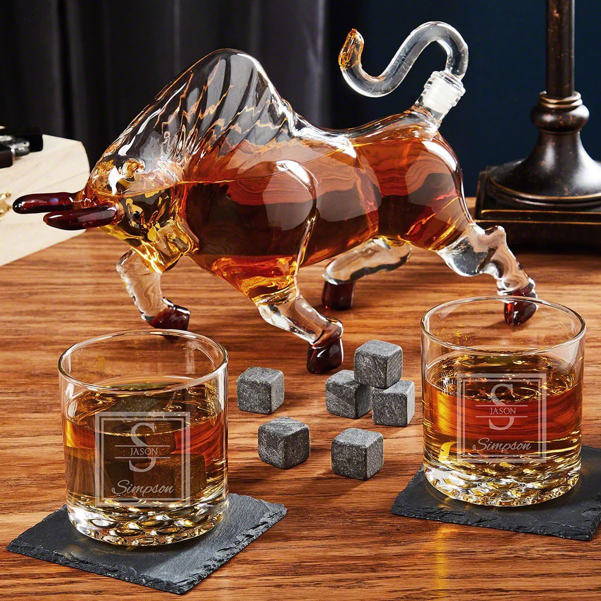 El Matador Bull Whiskey Decanter Set With Custom Buckman Glasses (Personalized Gift)