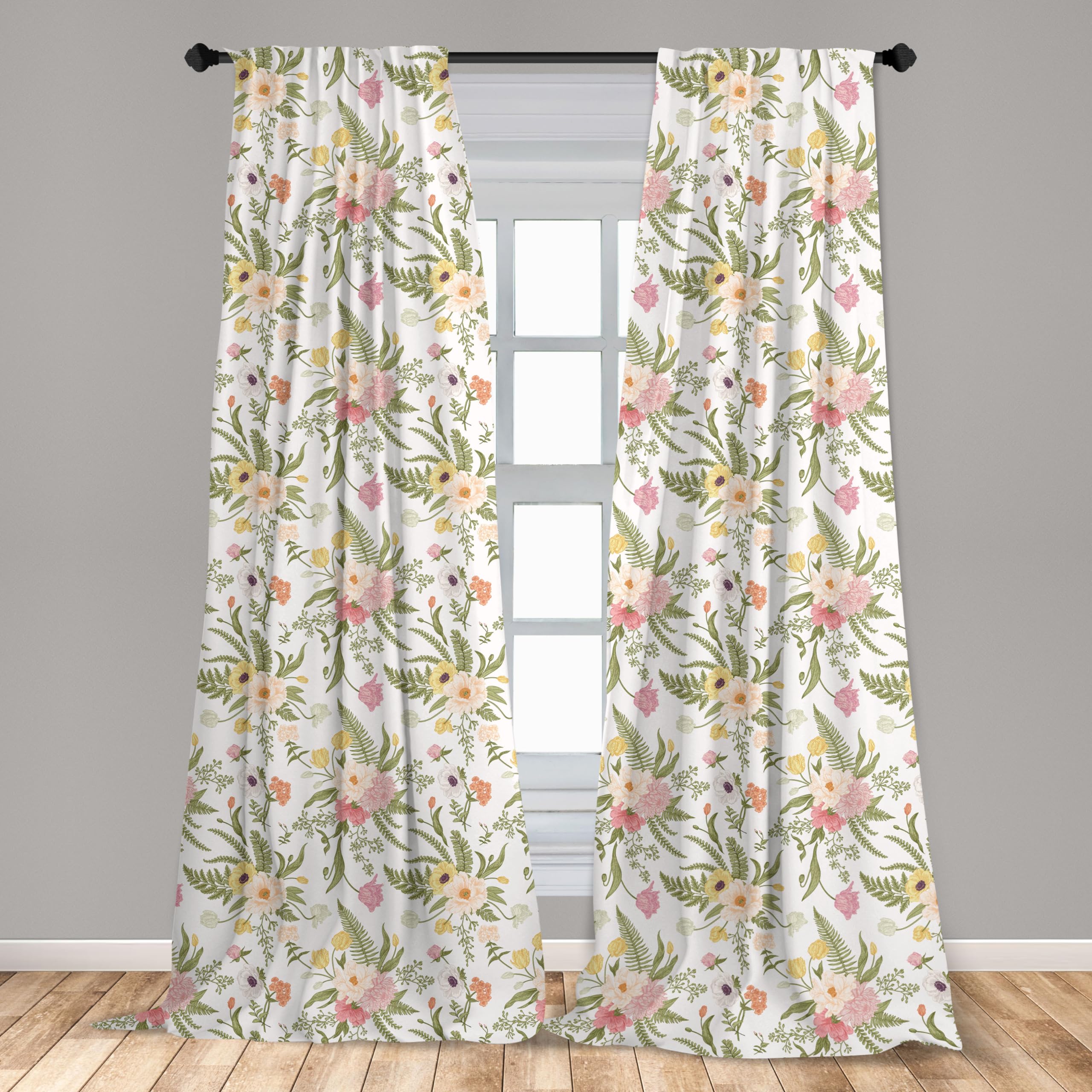 Ambesonne English Garden Curtains, Repetitive Floral Pattern with Vintage Different Flowers Bouquet, Window Treatments 2 Panel Set for Living Room Bedroom, Pair of - 28" x 84", Yellow Beige