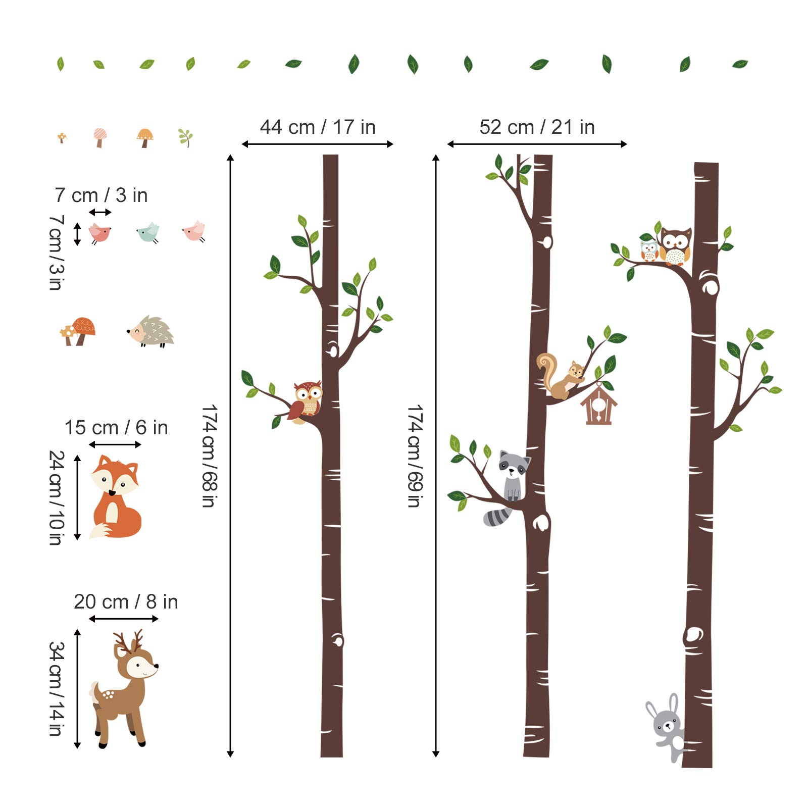 decalmile Large Birch Tree and Forest Animal Wall Decals Owl Squirrel Deer Wall Stickers Baby Nursery Kids Bedroom Living Room Wall Decor (H: 69 Inches)