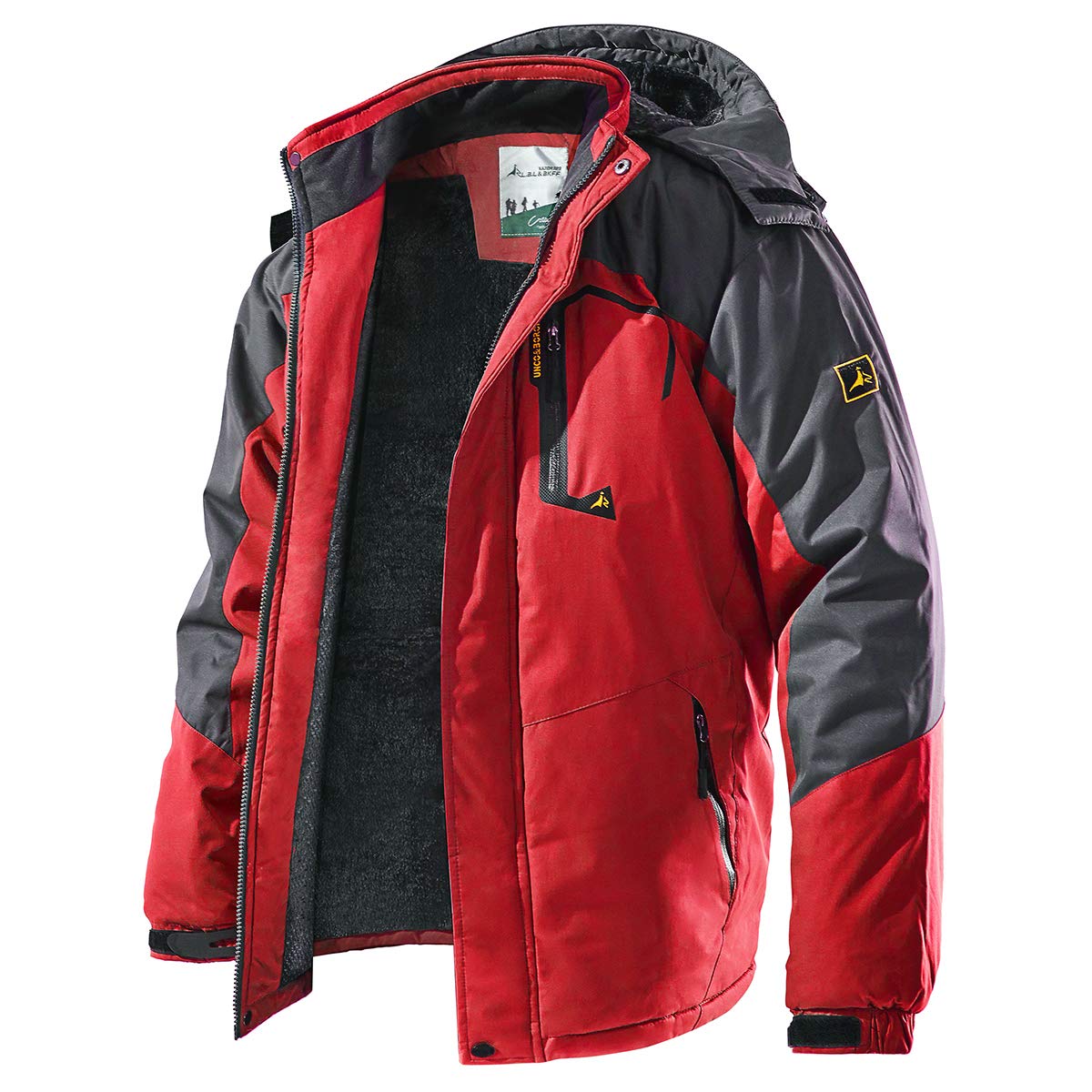 TREKEK Men's Winter Ski Rain Warm Fleece Waterproof Outdoor Mountain Hiking Windbreaker Hooded Snow Coat, Red, Medium