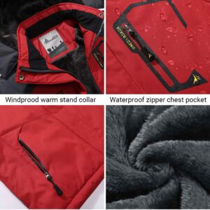 TREKEK Men's Winter Ski Rain Warm Fleece Waterproof Outdoor Mountain Hiking Windbreaker Hooded Snow Coat, Red, Medium