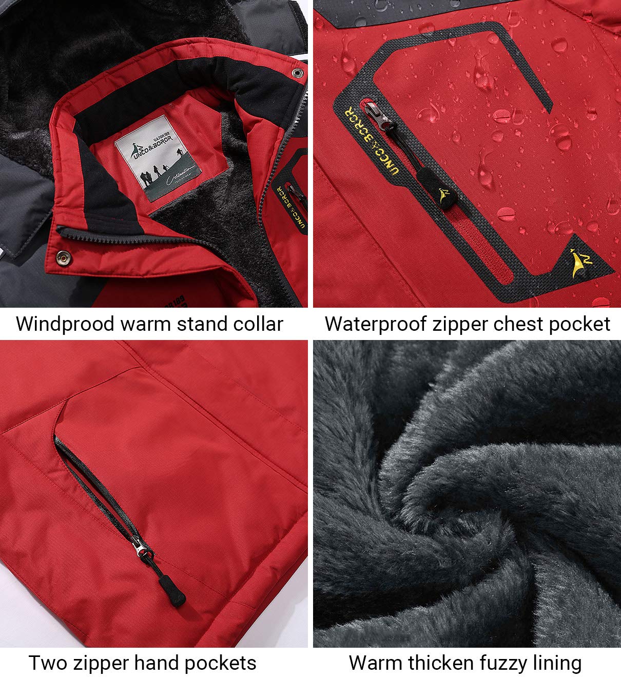 TREKEK Men's Winter Ski Rain Warm Fleece Waterproof Outdoor Mountain Hiking Windbreaker Hooded Snow Coat, Red, Medium