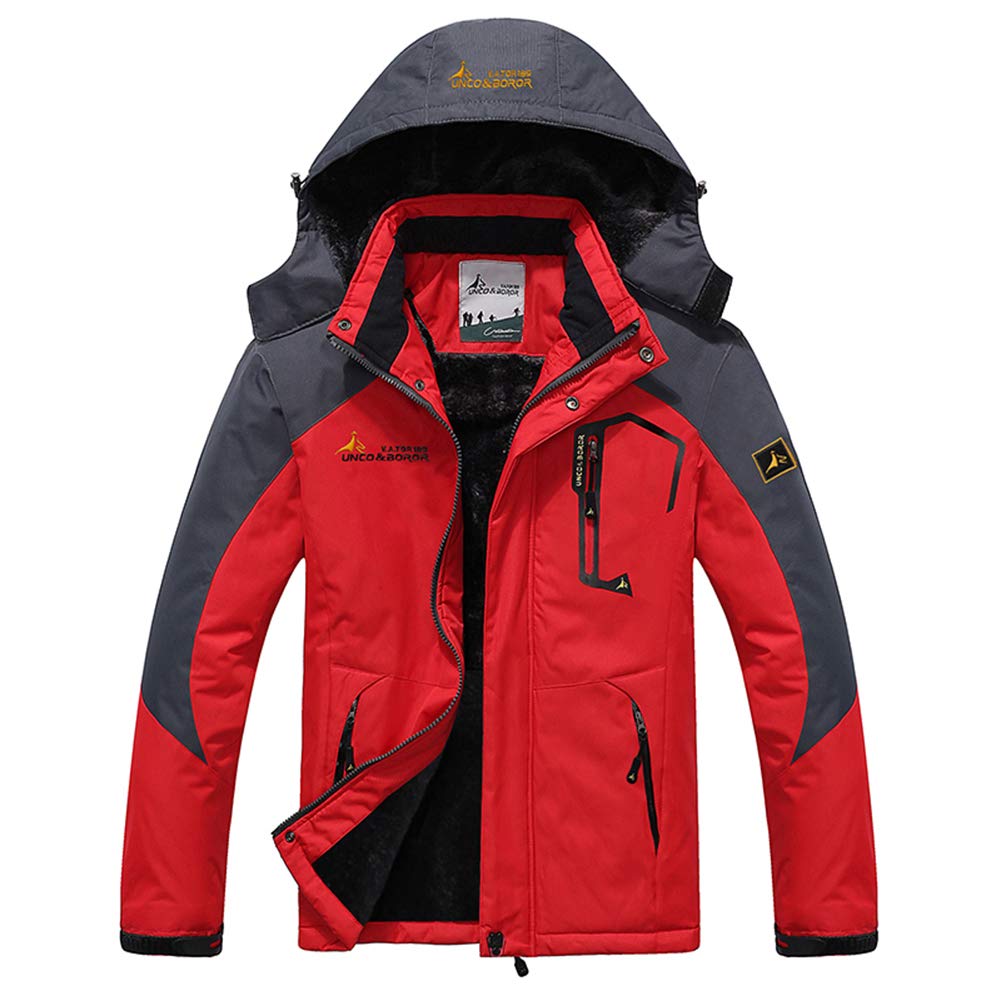 TREKEK Men's Winter Ski Rain Warm Fleece Waterproof Outdoor Mountain Hiking Windbreaker Hooded Snow Coat, Red, Medium