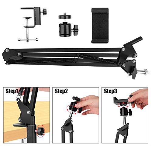 ChromLives Overhead Video Stand Phone Holder Articulating Arm Phone Mount Table Top Scissor Boom Arm Articulating Phone Stand Tablet Phone Holder for Streaming Phone Baking Crafting