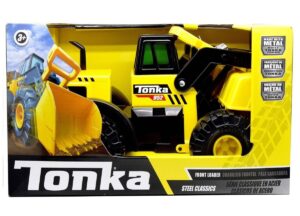 tonka steel classics, classic front loader– made with steel & sturdy plastic, yellow friction powered, big construction truck, boys and girls, toddlers ages 3+, birthday gift, holiday