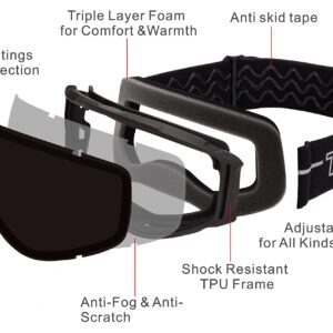 TurnWay OTG Ski/Snowboard Goggles - 100% UV Protection, Anti-Scratch & Anti-Fog, Snow Goggles for Youth & Kids