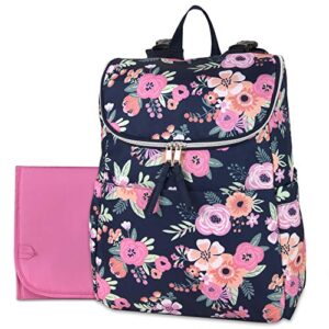 multi-function floral diaper backpack and travel nappy baby bag with changing pad and stroller straps (blue floral)