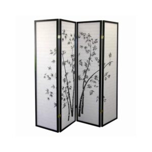 benjara wood and paper 4 panel room divider with bamboo print, white and black