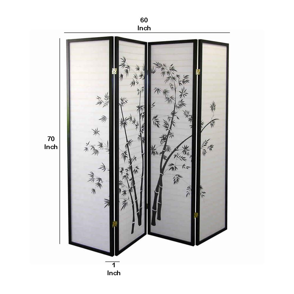 Benjara Wood and Paper 4 Panel Room Divider with Bamboo Print, White and Black