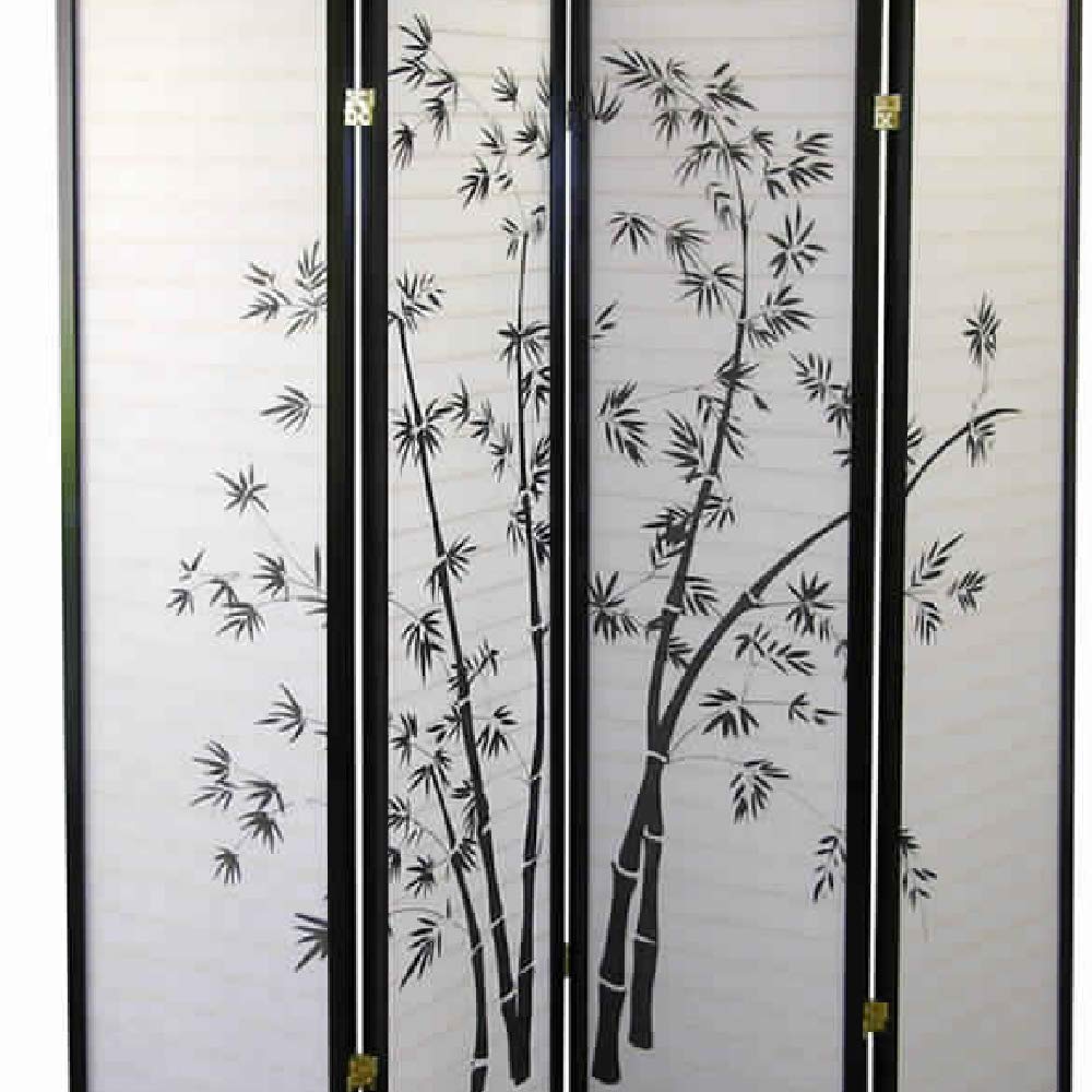 Benjara Wood and Paper 4 Panel Room Divider with Bamboo Print, White and Black