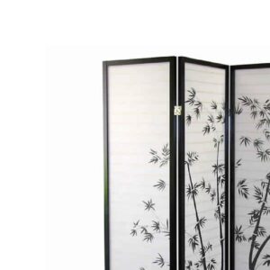 Benjara Wood and Paper 4 Panel Room Divider with Bamboo Print, White and Black