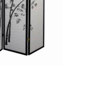 Benjara Wood and Paper 4 Panel Room Divider with Bamboo Print, White and Black