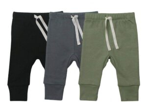 honesborn baby unisex 3-pack pants, infant boys girls cotton tapered ankle pants(3-6 months, black/slate gray/sage)