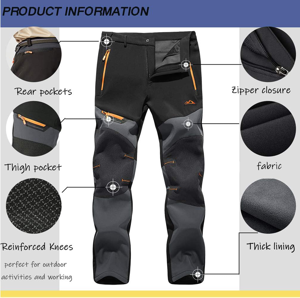 TACVASEN Men's Ski Pants Waterproof Pants Snow Pants Winter Pants Fleece Lined Work Pants Hiking Pants Mountain Climbing Pants Black