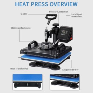 SURPCOS Heat Press Machine, 15" x 12" 5 in 1 Tshirt Printing Press Machine, Combo Mug, T Shirt, Hat, Plate Press, Multifunctional Function Digital Sublimation Heat Machine with 360-Degree Swing Away