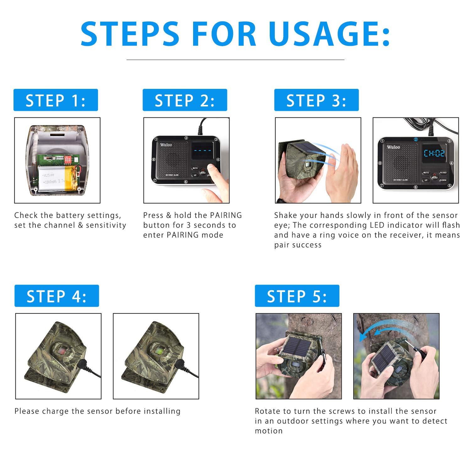 Solar Driveway Alarm Wireless Outside 1800ft Range, Outdoor Motion Sensor & Detector Driveway Alert System with Rechargeable Battery/Weatherproof/Mute Mode (1&4-Camouflage)