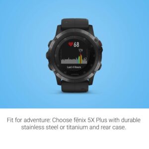 Garmin fēnix 5X Plus, Ultimate Multisport GPS Smartwatch, Features Color Topo Maps and Pulse Ox, Heart Rate Monitoring, Music and Pay, Black with Black Band (Renewed)