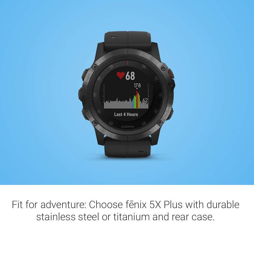 Garmin fēnix 5X Plus, Ultimate Multisport GPS Smartwatch, Features Color Topo Maps and Pulse Ox, Heart Rate Monitoring, Music and Pay, Black with Black Band (Renewed)