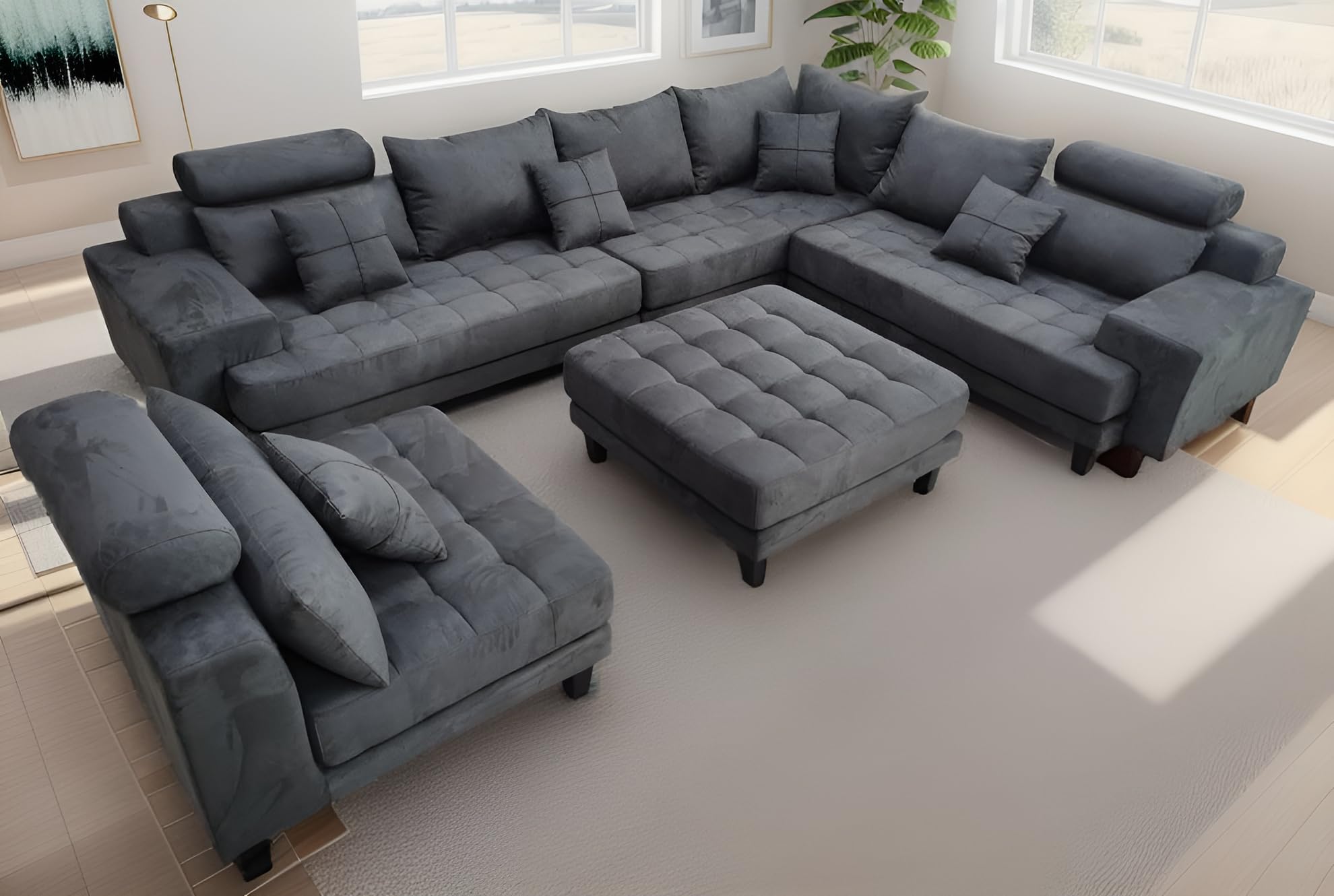 Stendmar 5-Piece L Shape/U Shape Living Room High Back with Headrest Reversible Contemporary Dark Grey Microfiber Fabric Sectional Couch Sofa Set S150D5A