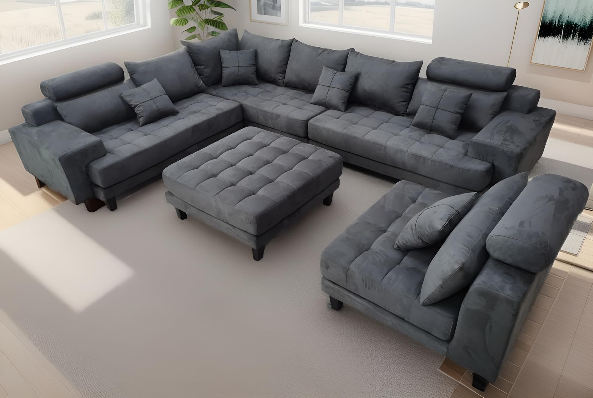 Stendmar 5-Piece L Shape/U Shape Living Room High Back with Headrest Reversible Contemporary Dark Grey Microfiber Fabric Sectional Couch Sofa Set S150D5A