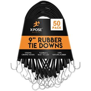 rubber bungee cords with hooks 50 pack 9 inch (14” max stretch) heavy-duty black tie down straps for outdoor, tarp covers, canvas canopies, motorcycle, and cargo - by xpose safety